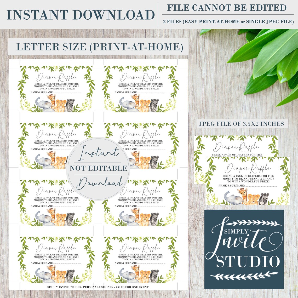 Safari Animal Baby Shower Diaper Raffle Card, Jungle Printable Diaper ...
