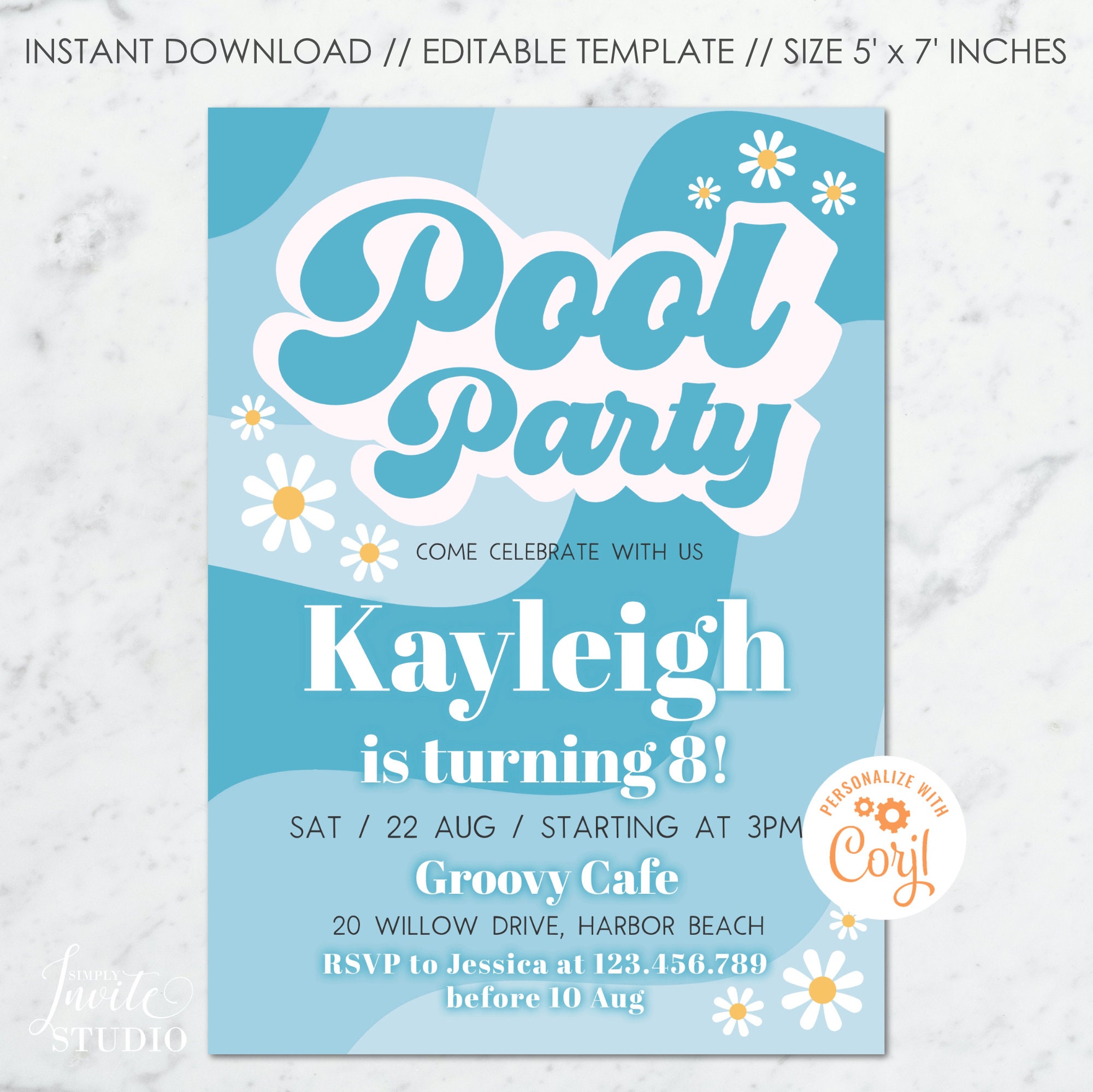 Groovy Pool Party Birthday Invitation: Retro Daisy Design (digital ...