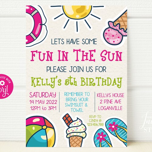 Summer Birthday Invitation Watercolor Fun in the Sun - Etsy