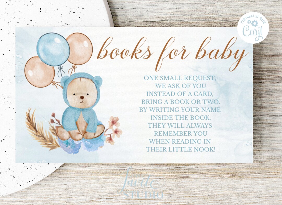 Editable Teddy Bear Theme Baby Shower Books for Baby Insert Blue Bear ...