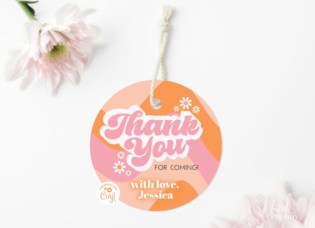 Groovy Summer Retro Round Thank You Tag, 70s Circle Tag Baby Shower ...
