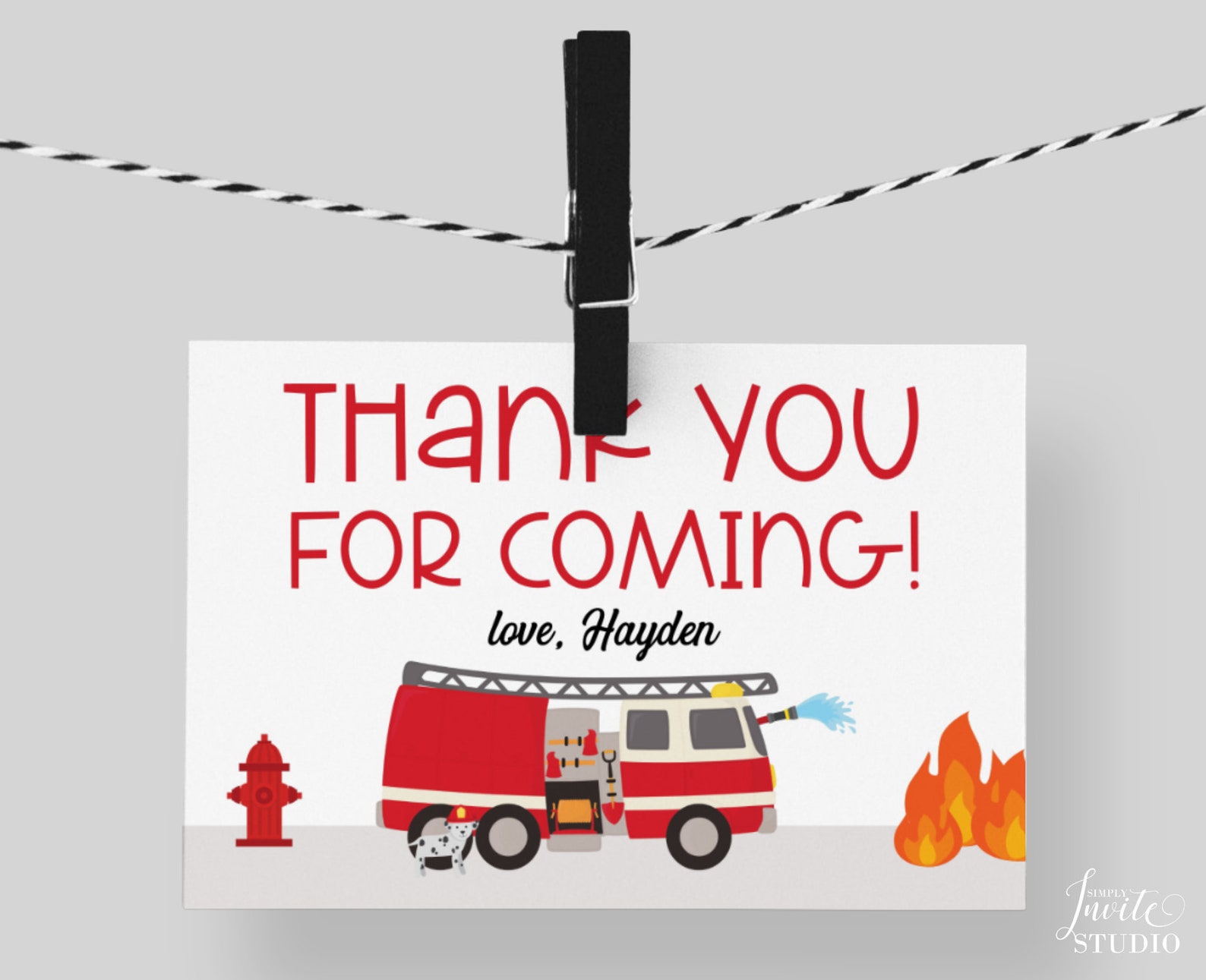 Fire Truck Thank You Custom Card, Boy Editable Birthday Thank You Note ...