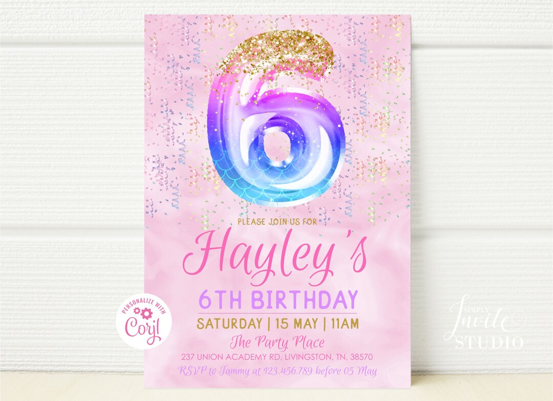 6th Birthday Invitation Editable Pink Glitter Birthday Invitation ...