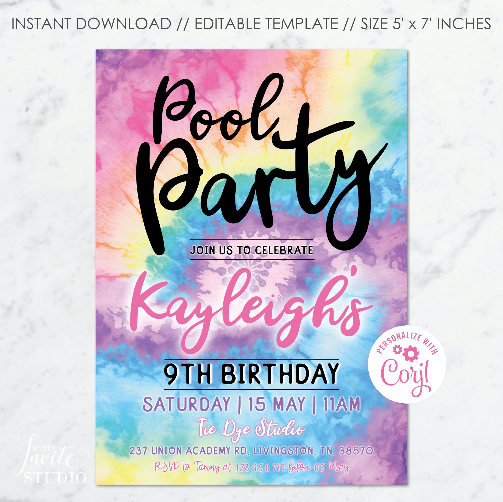 TIE DYE POOL Party Invitation Rainbow Tie Dye Birthday Invite Editable ...