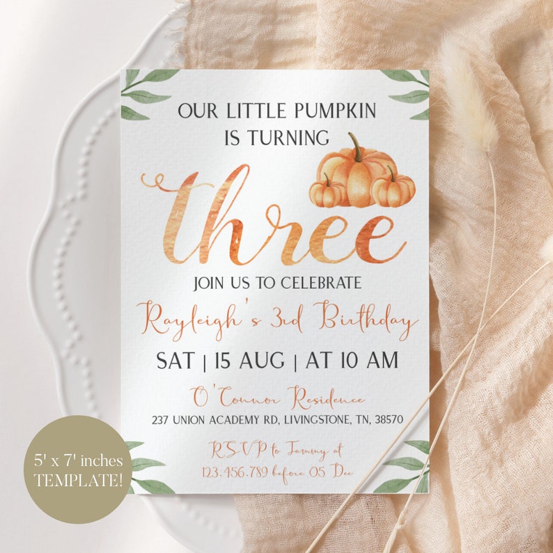 Pumpkin 3rd Birthday Invitation: Fall Autumn Party (digital Download ...