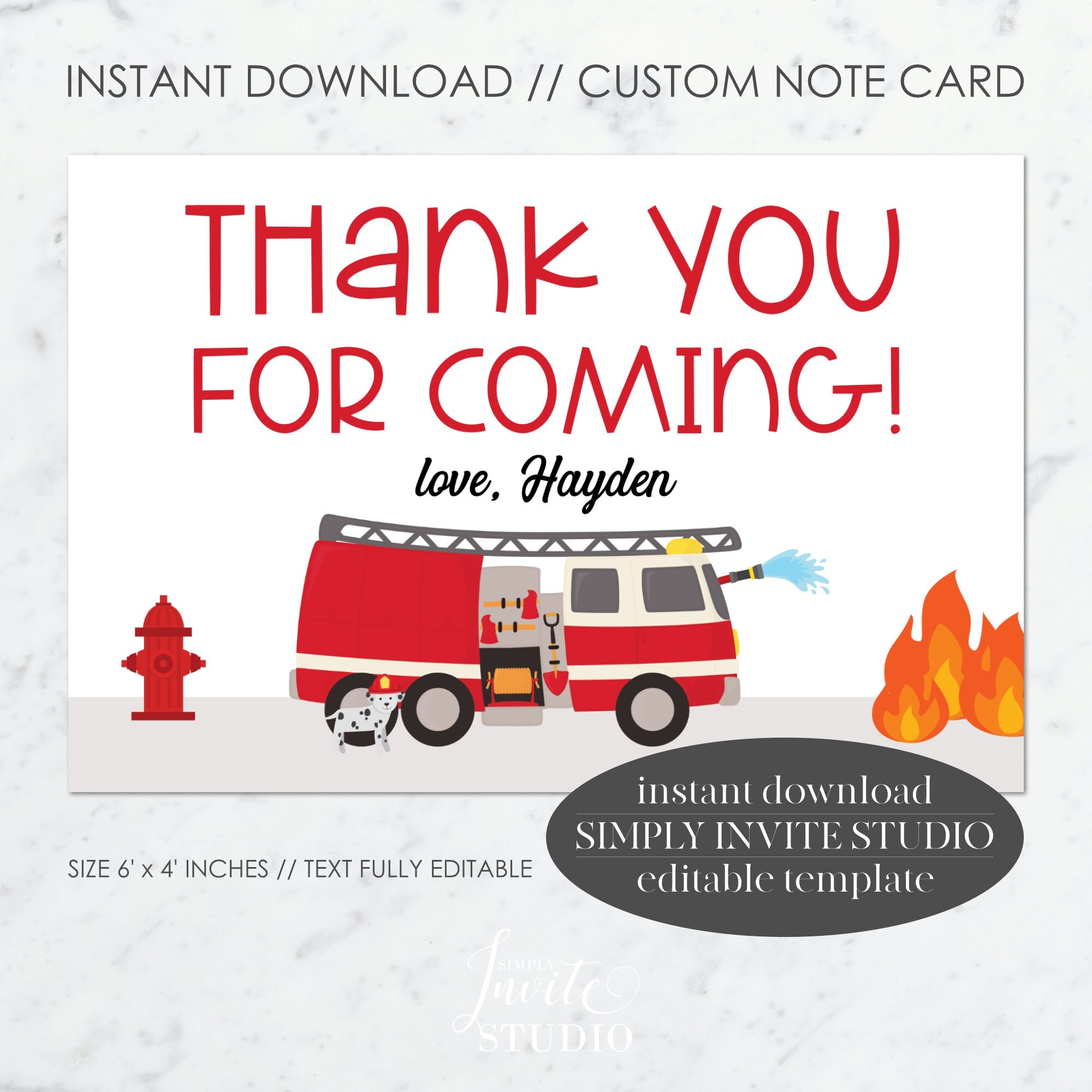 Fire Truck Thank You Custom Card, Boy Editable Birthday Thank You Note ...