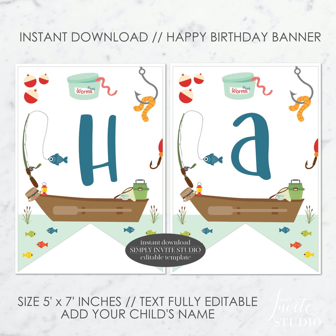 Fishing Theme Happy Birthday Banner, Boy Editable Birthday Party ...