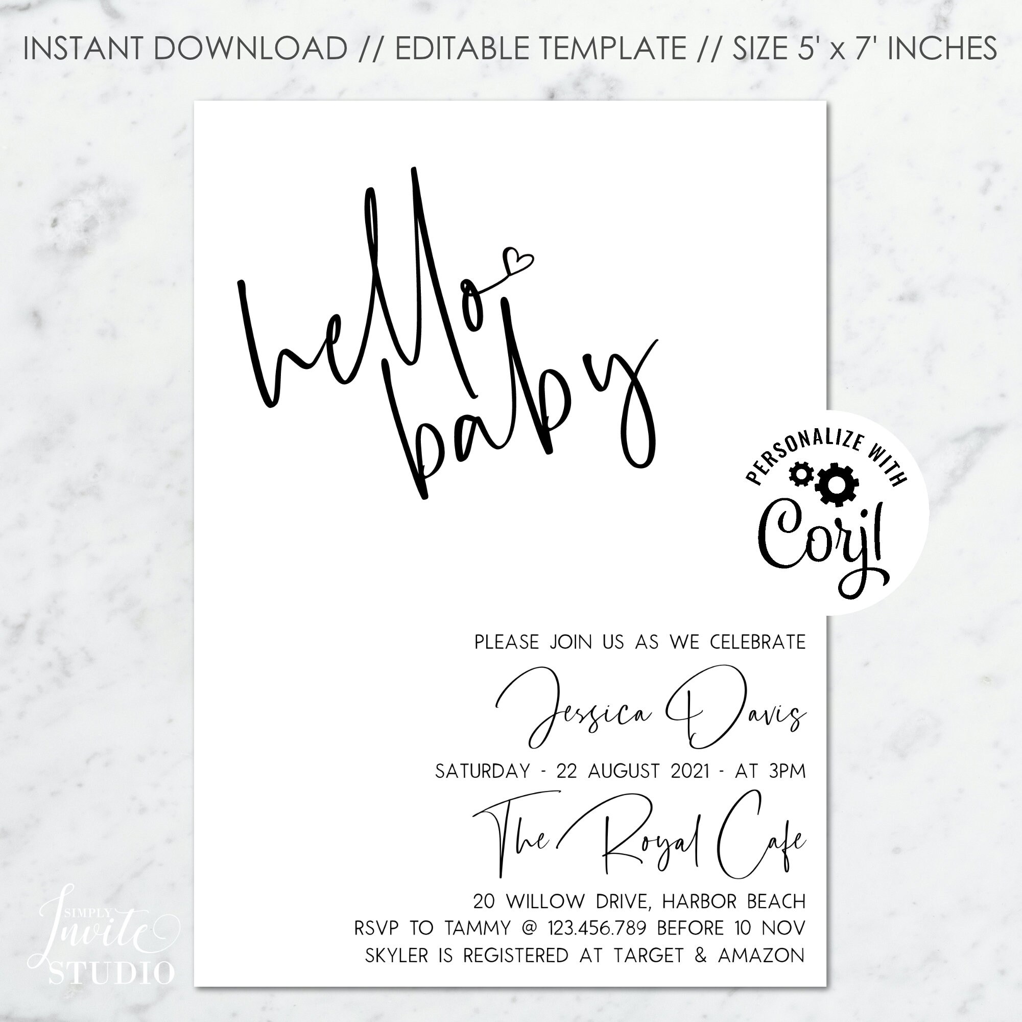 Hello Baby Invitation, Black and White Baby Shower Invite, Simple ...