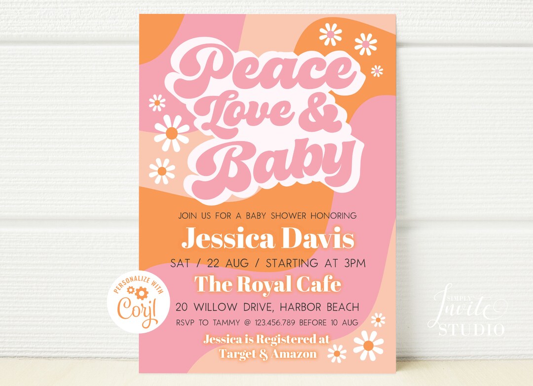 Retro 70s Daisy Baby Shower Invitation: Peace Love Baby (editable ...