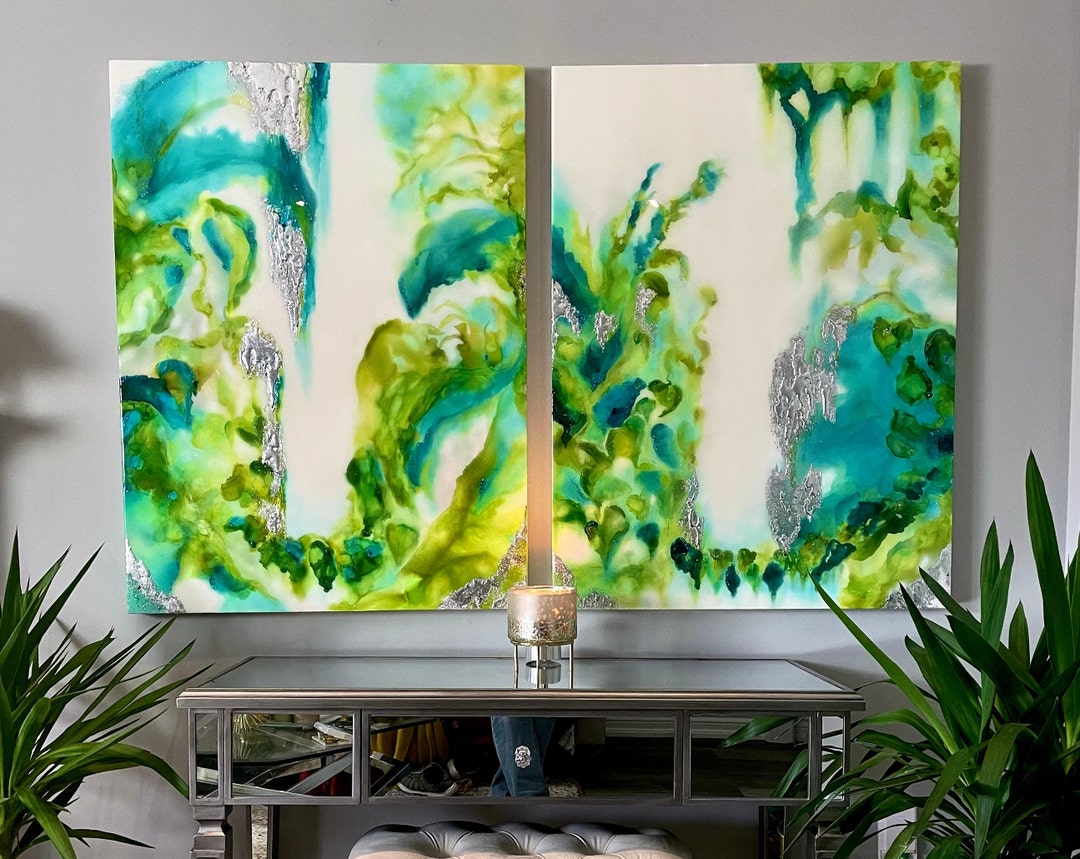 Sold! Original Painting Made With Aqua, Blue Greens, and Gold or Silver ...