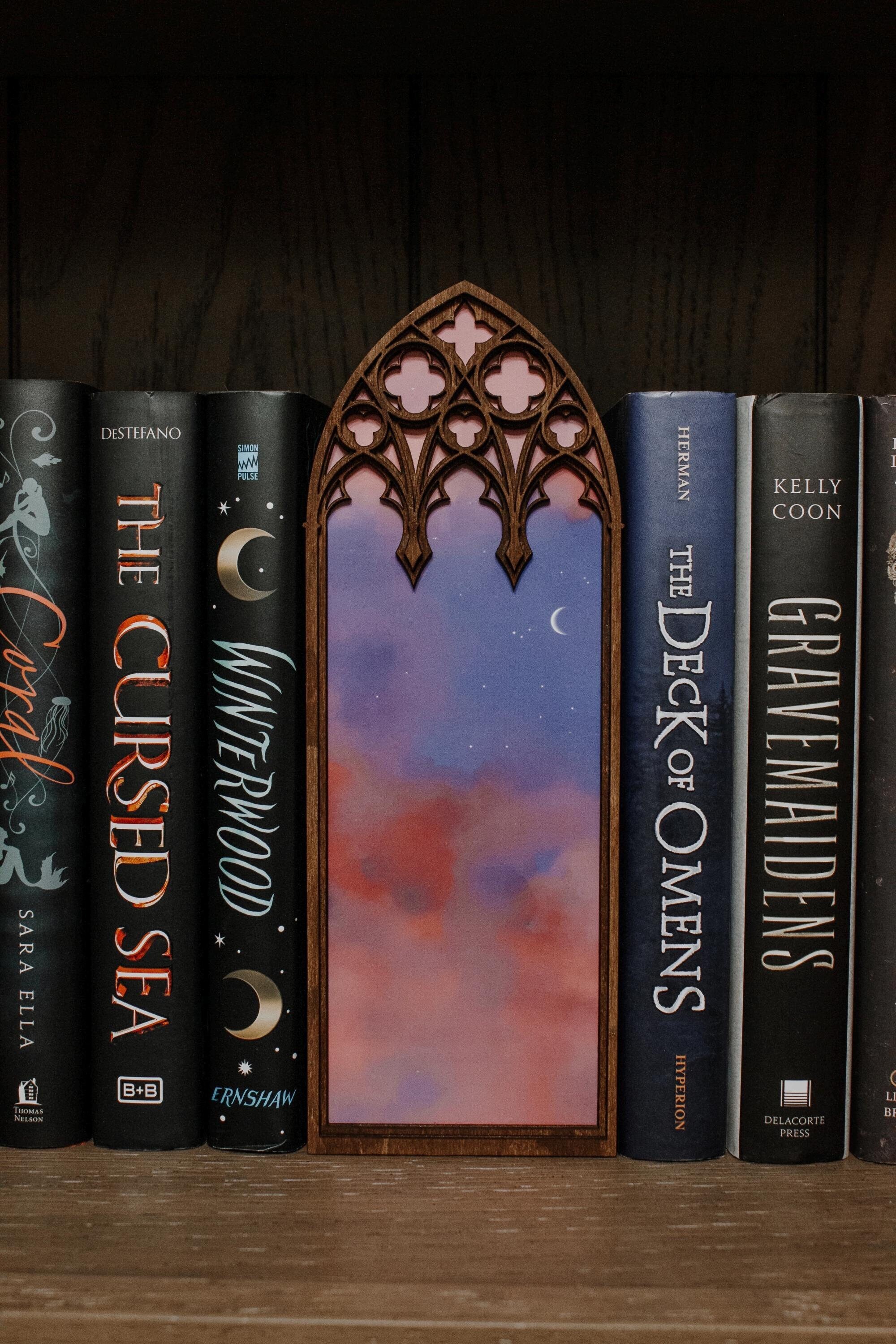 Celestial Sunset Sky Cathedral Window Bookshelf Decor | Book Nook - Etsy