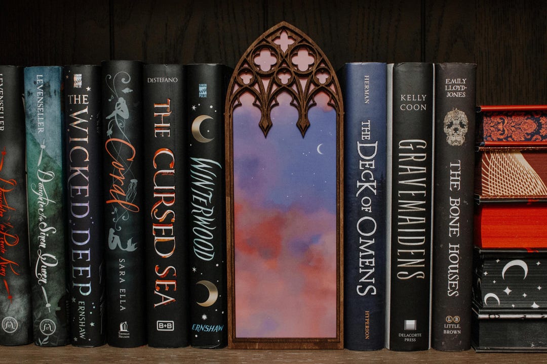Celestial Sunset Sky Cathedral Window Bookshelf Decor | Book Nook - Etsy