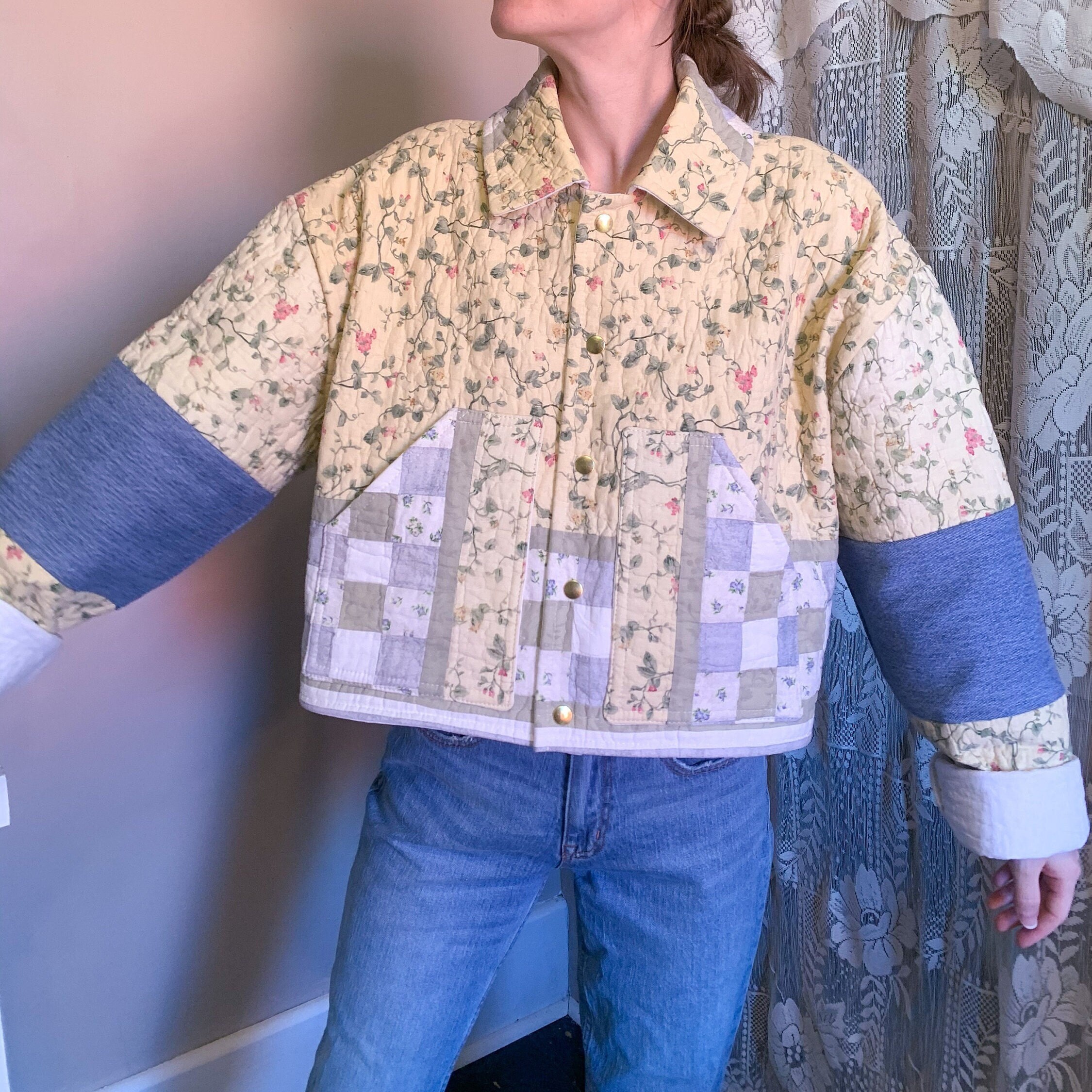 Handmade Cropped Denim Quilt Jacket / Made From a Vintage Floral Quilt ...