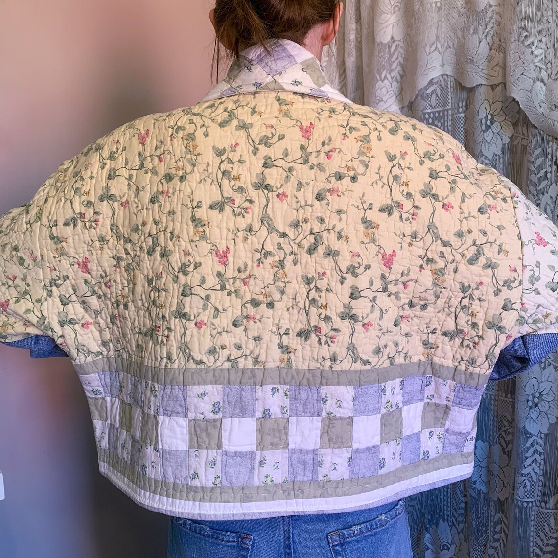 Handmade Cropped Denim Quilt Jacket / Made From a Vintage Floral Quilt ...