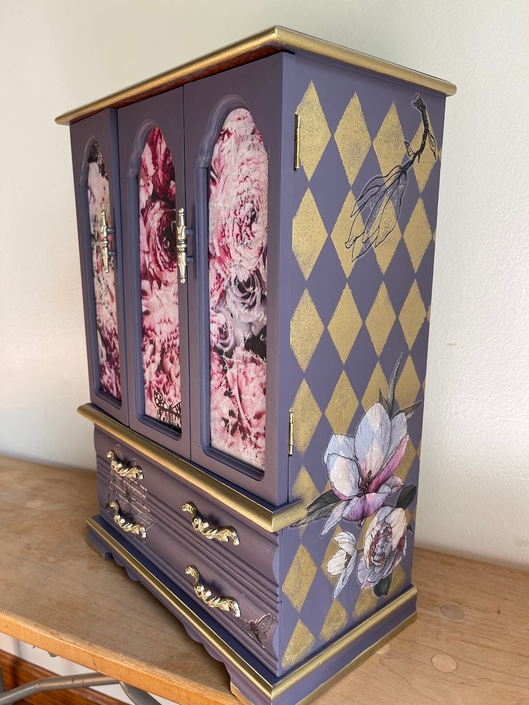 SOLD Hand Painted Wood Jewelry Box, Vintage Jewelry Armoire, Jewerly ...
