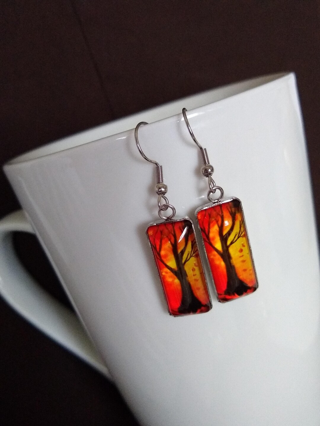 Tree in Autumn Oil Painting Inspired Glass Hook Statement Earrings ...