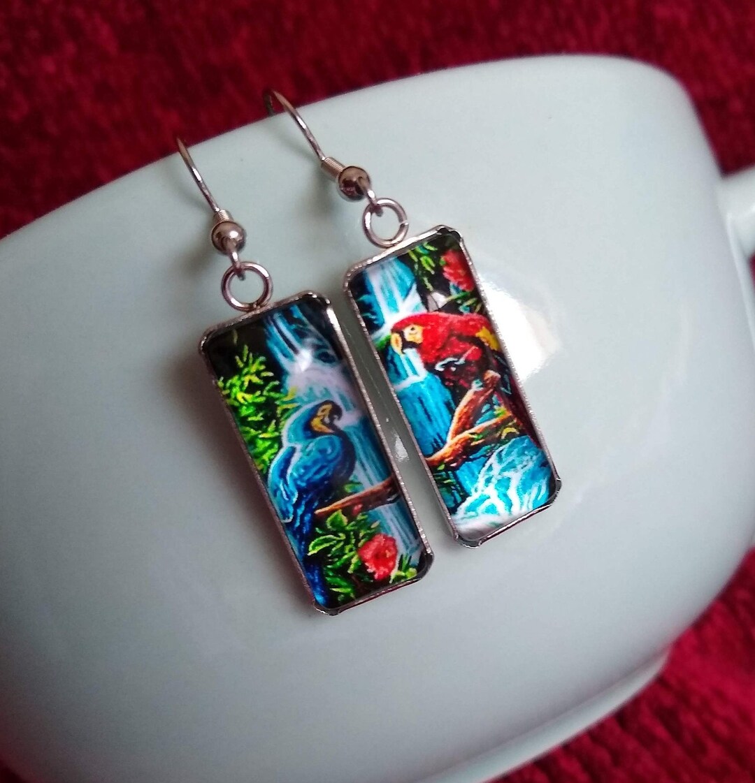 Vibrant Colorful Macaw Glass Statement Earrings Unique Gift Jewelry for ...
