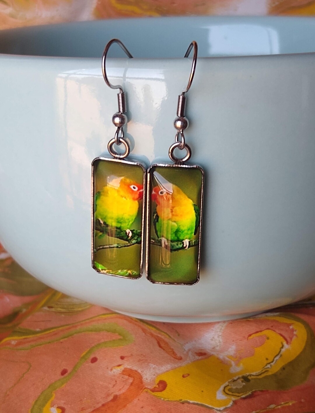 Vibrant Colorful Parakeet Glass Statement Earrings Unique Gift Jewelry ...