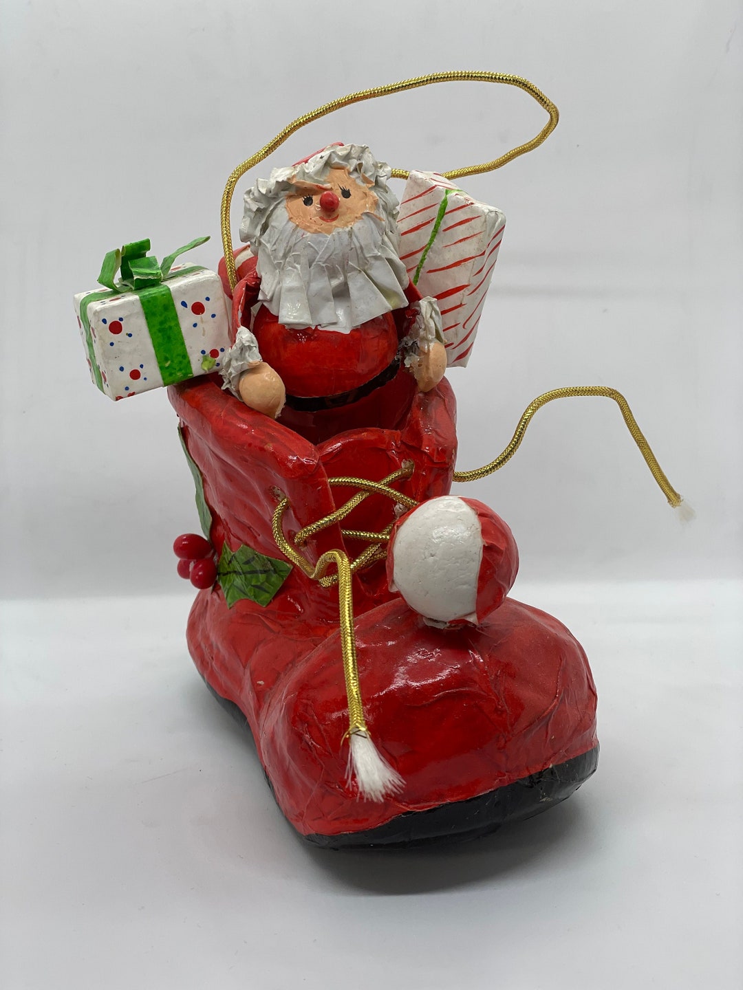 Vtg Papier Mache Ornament Kitsch Santa Boot Presents Holly - Etsy