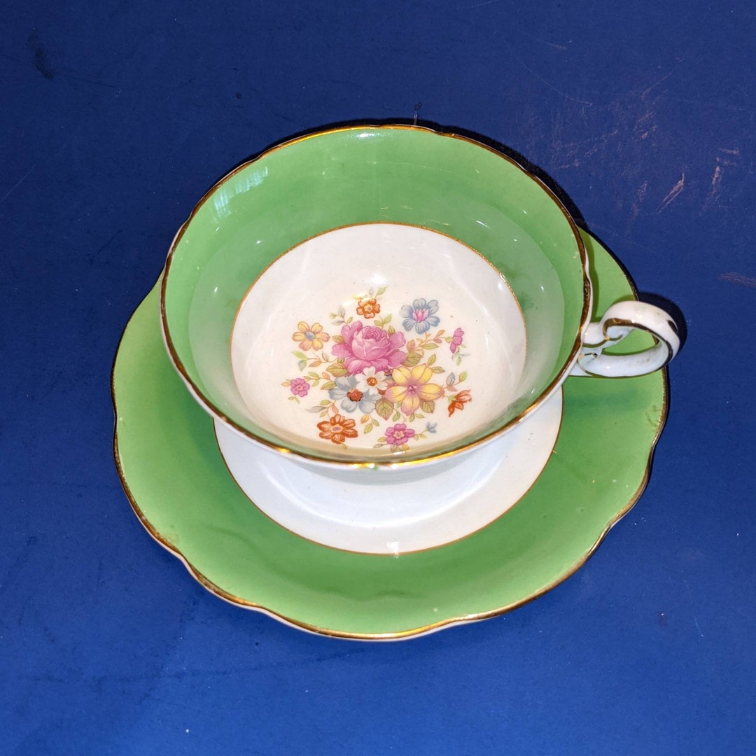 Foley China, Teacup & Saucer, V2480, Floral Pattern, Green Banding ...