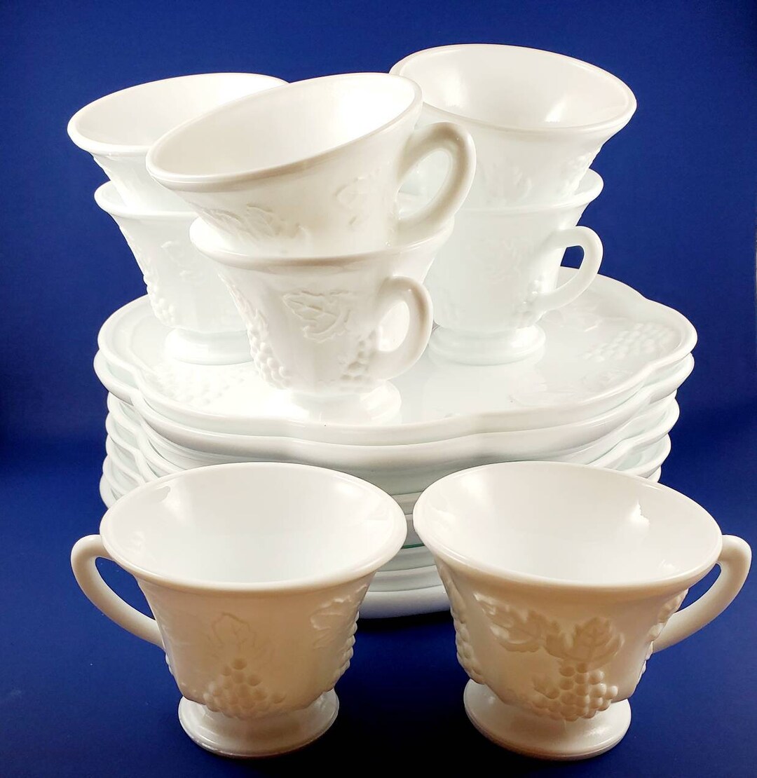 Vintage Colony Milk Glass Snack Set, Grapes and Leaves, Service for 8 ...