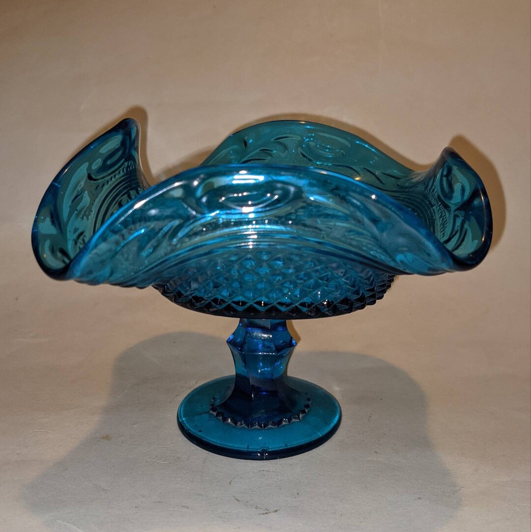 Vintage Bowl, Small Footed Blue Glass, Diamond Point Texture and ...