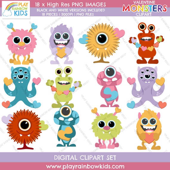 Valentine's Day Monster Clipart Cute Monster Clipart | Etsy