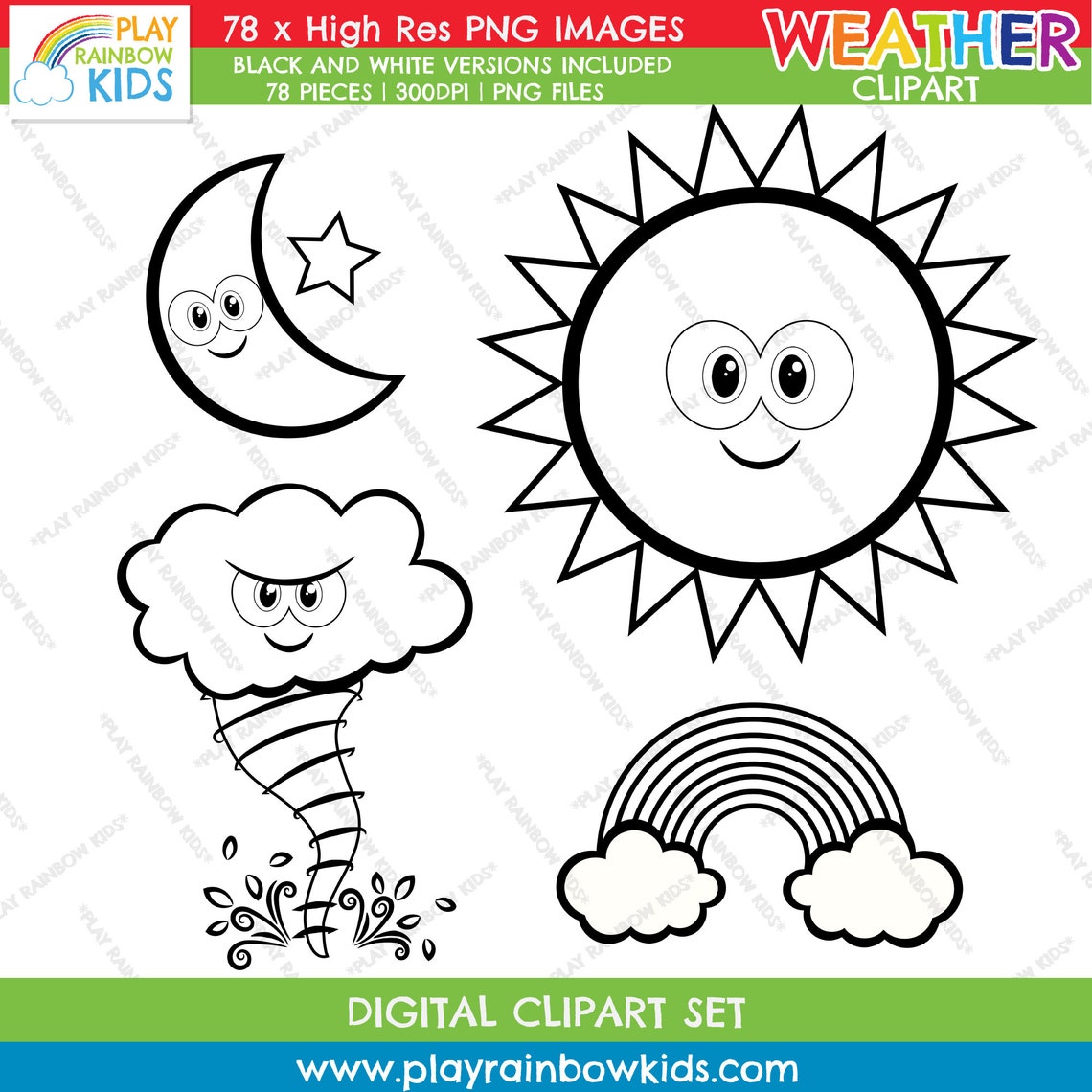 Weather Clipart Instant Download Rainbow Clipart Sun | Etsy