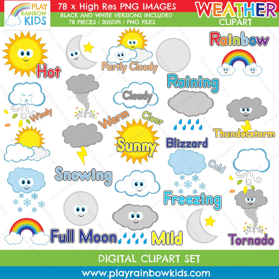 Weather Clipart Instant Download Rainbow Clipart Sun | Etsy