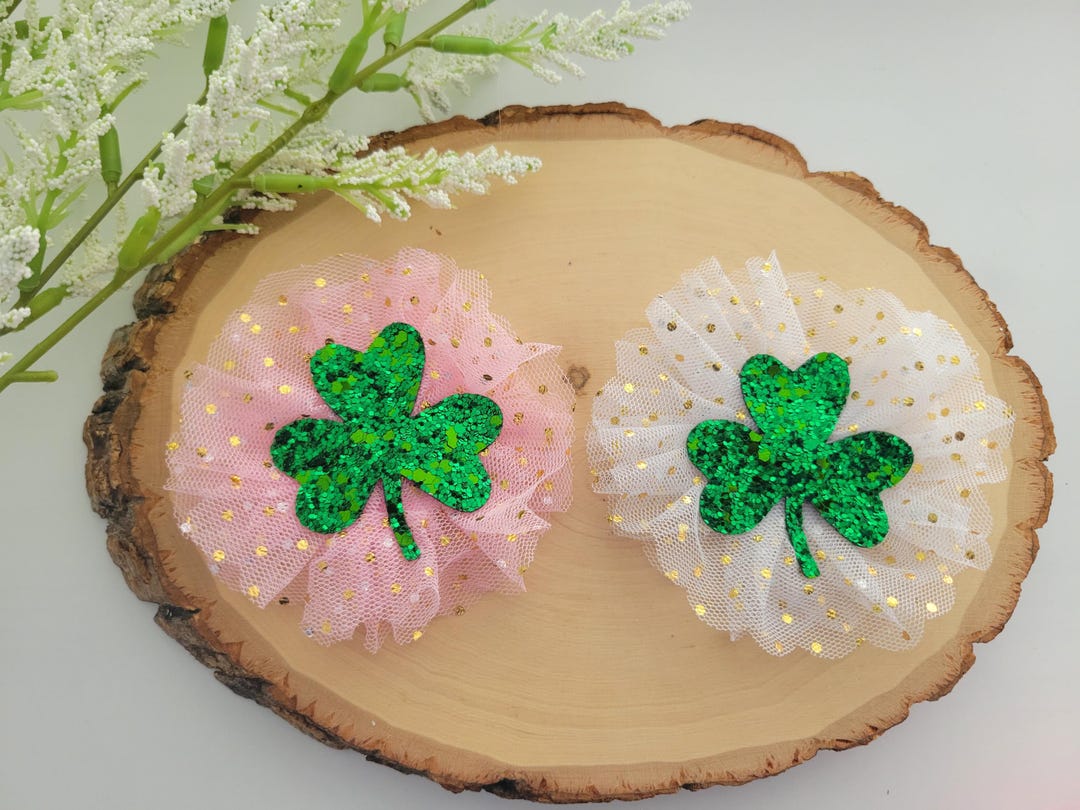 St. Patrick Day Puff Bow, Shamrock Hair Bow, Green Shamrock Tulle Hair ...