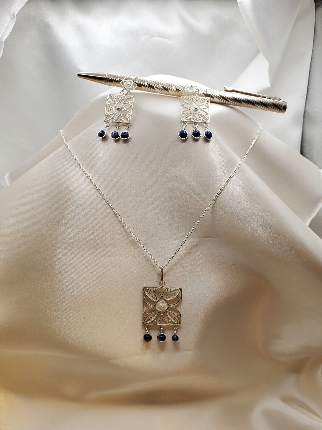 Silver.950 Filigrama Sodalite Earring, Pendant & Necklace Set. Sodalite ...
