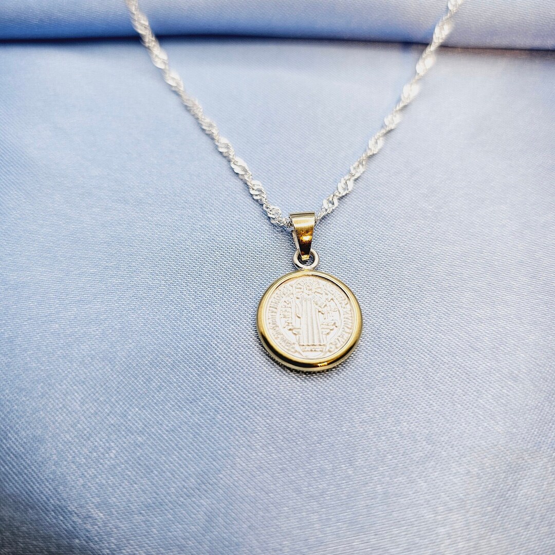 Silver Chain & 18k Saint Benedict Pendants, Gift for Women, Handcrafted ...