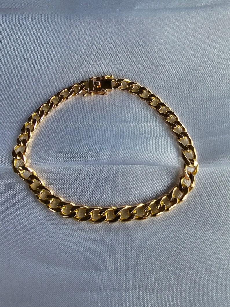 18k Real Solid Gold Bracelet/ Peruvian Cuban Chain/ 6mm Curby/ Men and ...