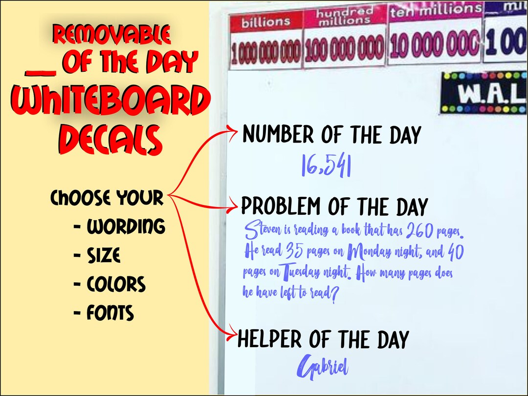 Custom Removable Whiteboard Decal/label for Classroom Number of the Day ...