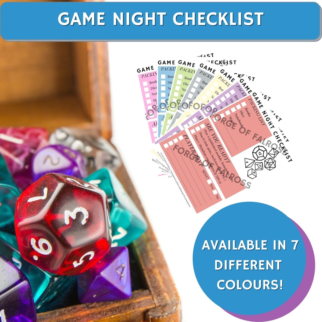 RPG Game Night Checklist PDF in a Variety of Colours Digital Download ...