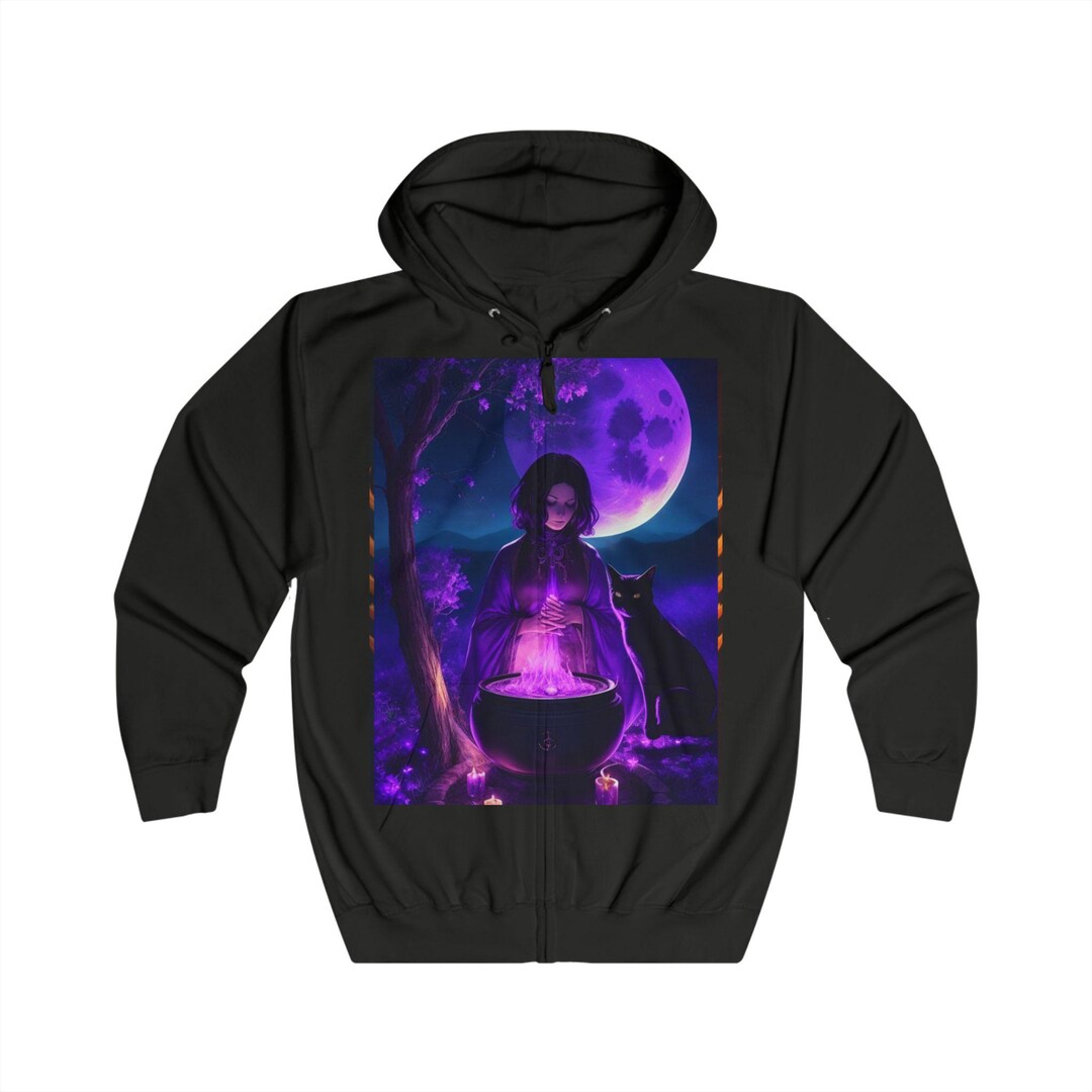 Purple Magic Girl Full Zip Hoodie, Witchy Cat Moon Spell Sweatshirt ...