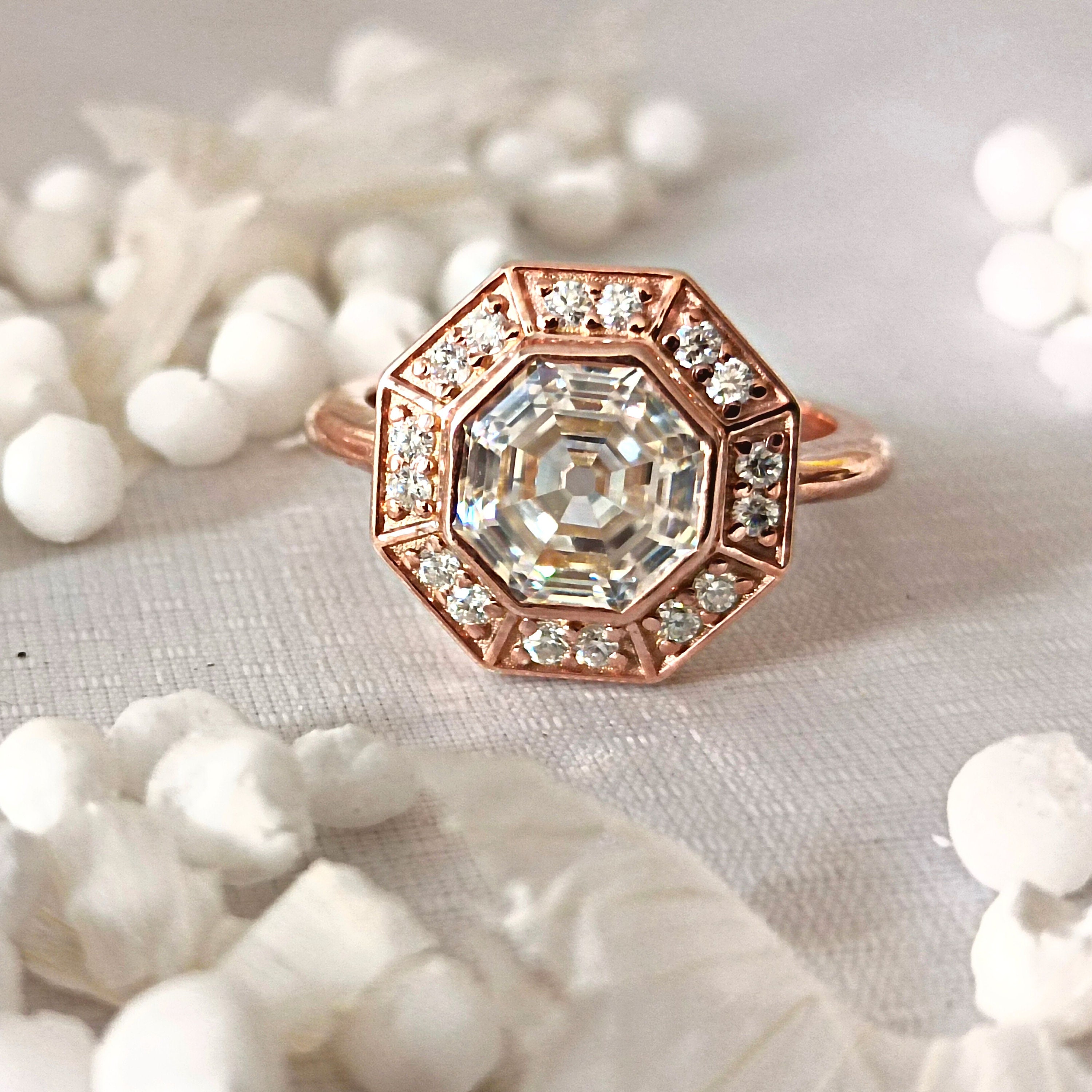 Octagon Cut Moissanite Engagement Ring Valentine Gift Diamond Ring Set ...