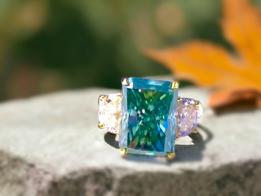 Emerald Green Radiant Diamond Ring Unique Diamond Ring Handcrafted Ring ...