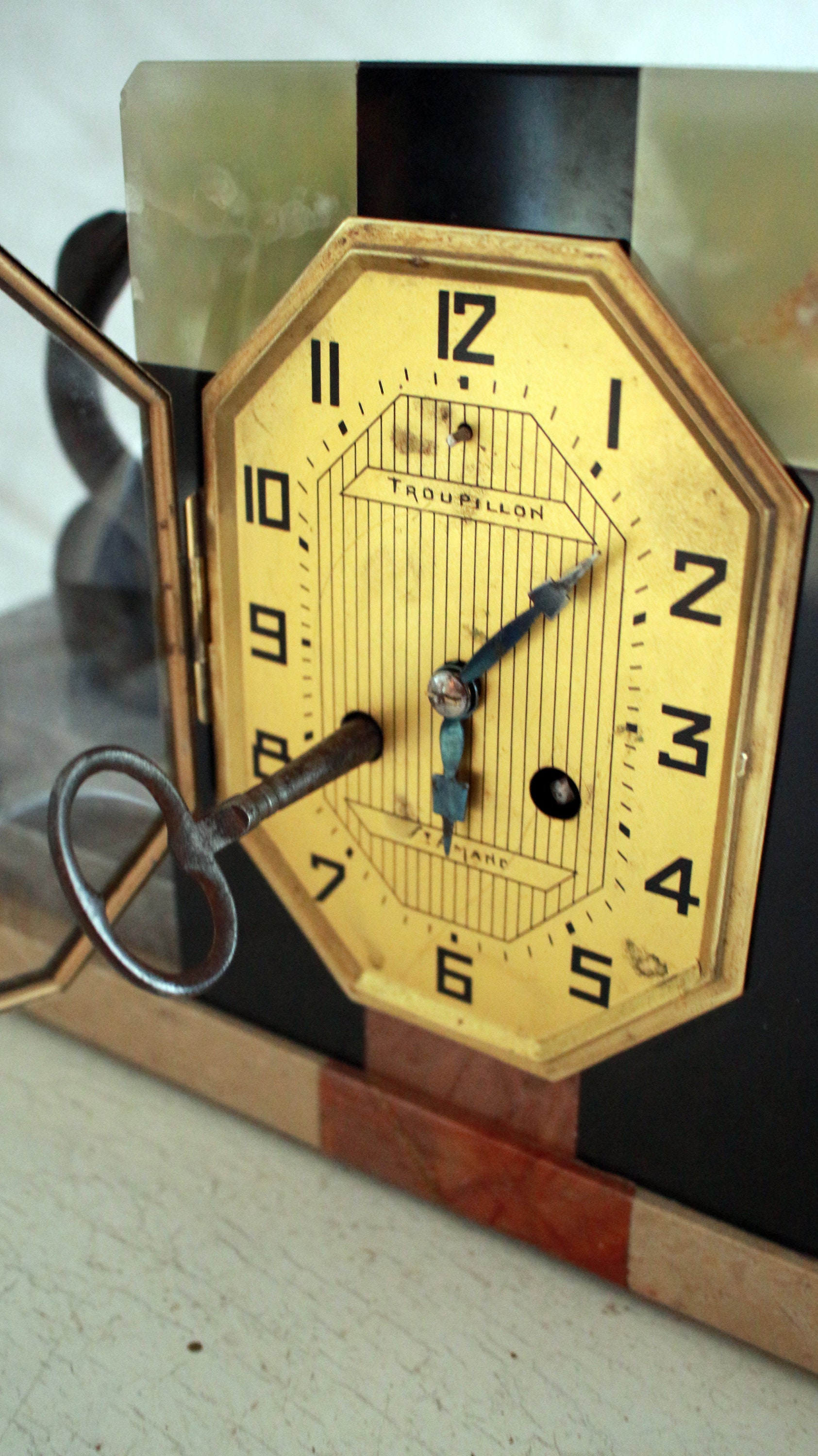 Art Deco French Clock Statue Swans Multicolored Marble Base With Onyx ...