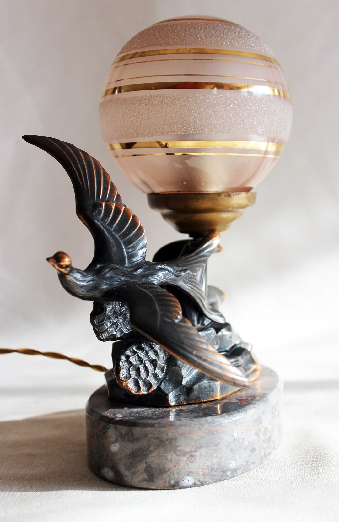 Art Deco French Table / Bedside Lamp Antique Marble, Signed Limousine ...
