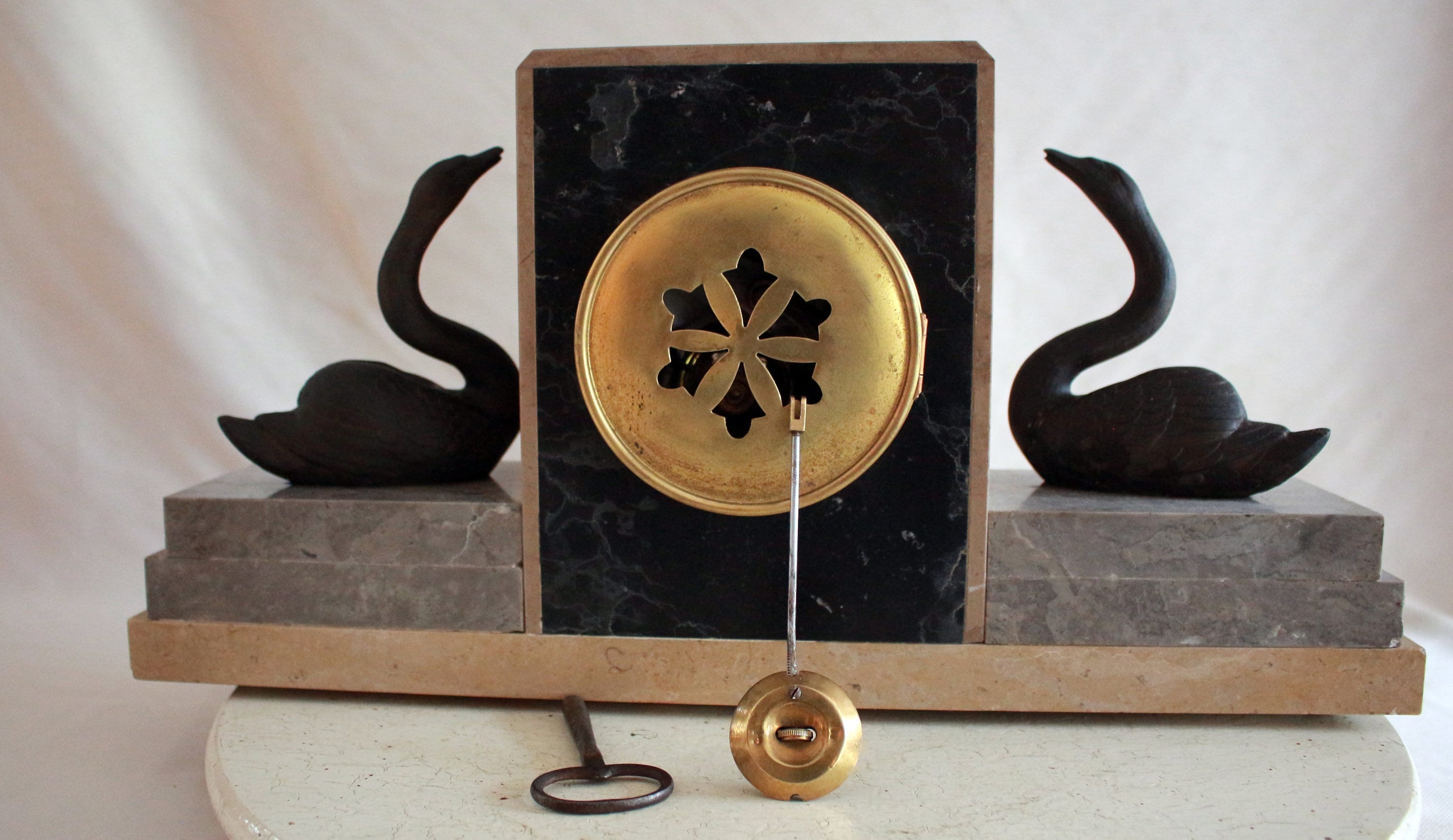 Art Deco French Clock Statue Swans Multicolored Marble Base With Onyx ...