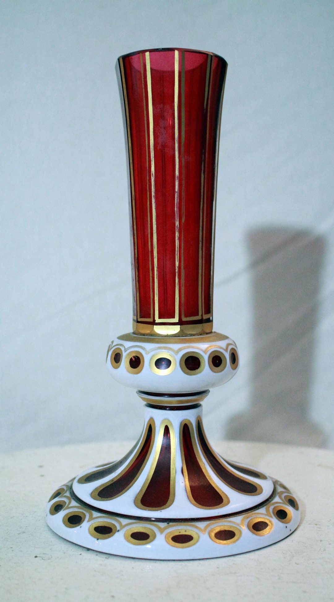 Vintage Bohemian Glass Gilded Ruby Red Vase - Etsy