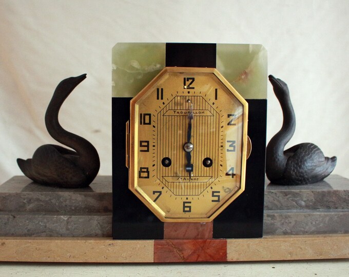 Art Deco French Clock Statue Swans Multicolored Marble Base With Onyx ...