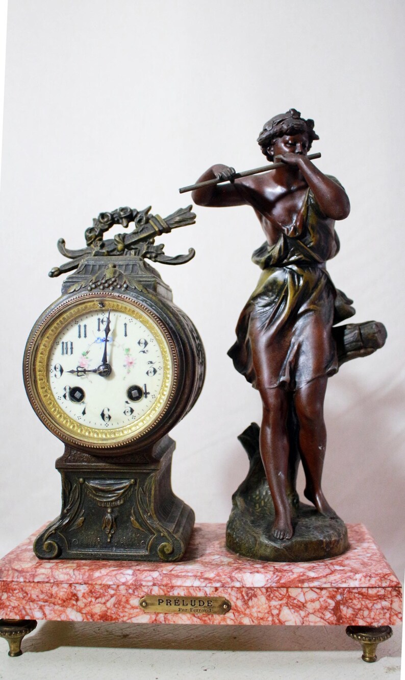 Art Nouveau French Clock Statue Guillemin Red Marble Base - Etsy
