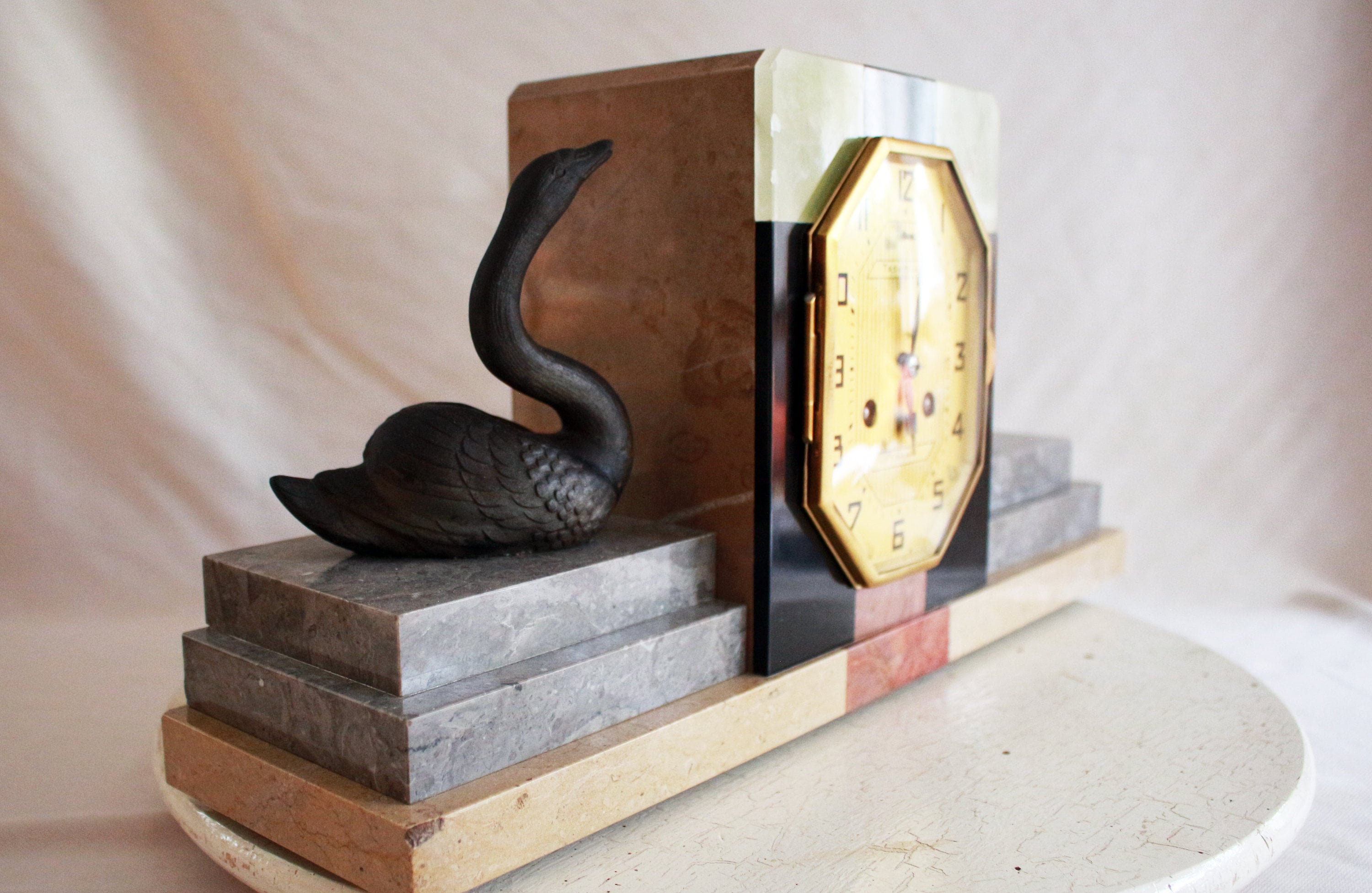 Art Deco French Clock Statue Swans Multicolored Marble Base With Onyx ...