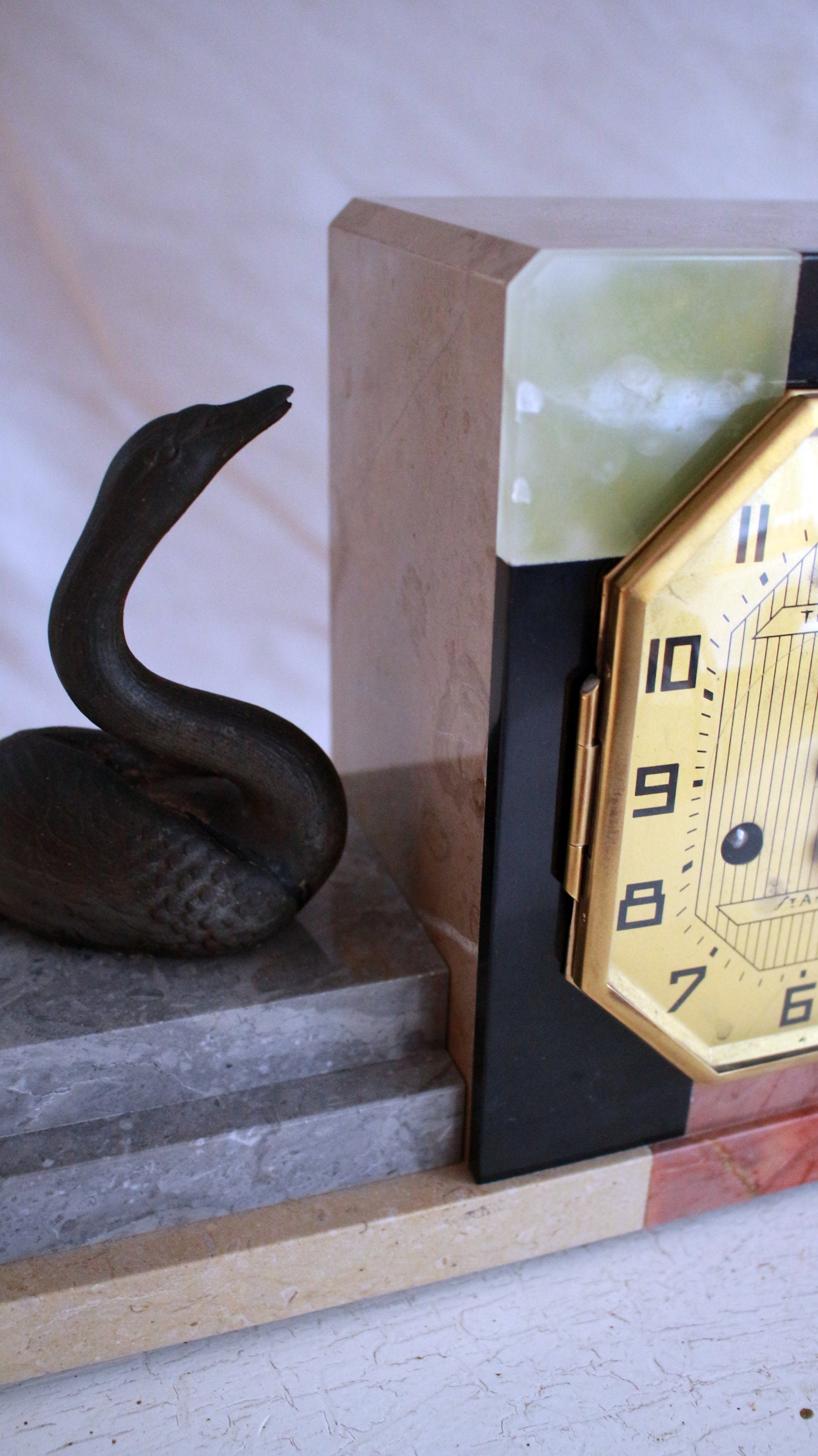 Art Deco French Clock Statue Swans Multicolored Marble Base With Onyx ...