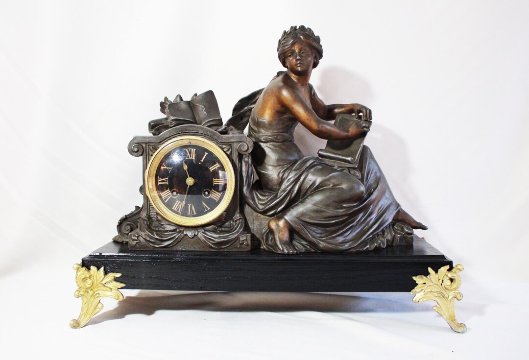 Art Nouveau French Clock Woman Writer 1900 Wooden Base - Etsy