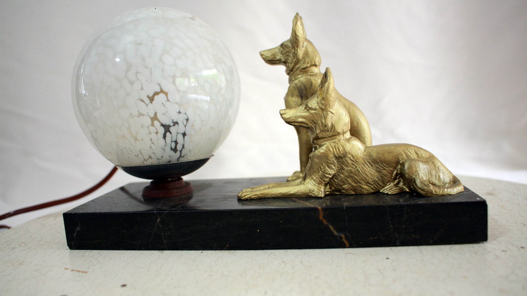 Antique Art Deco French Table / Bedside Lamp 2 Dogs Marble, Bronze ...