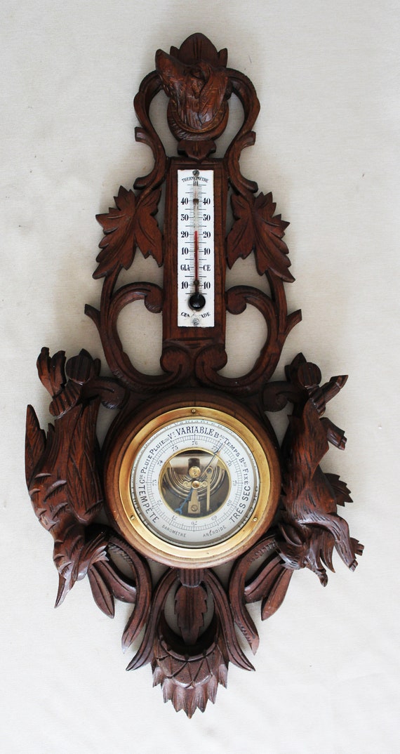 Antique Black Forest Wood Carved Wall Barometer & Thermometer - Etsy