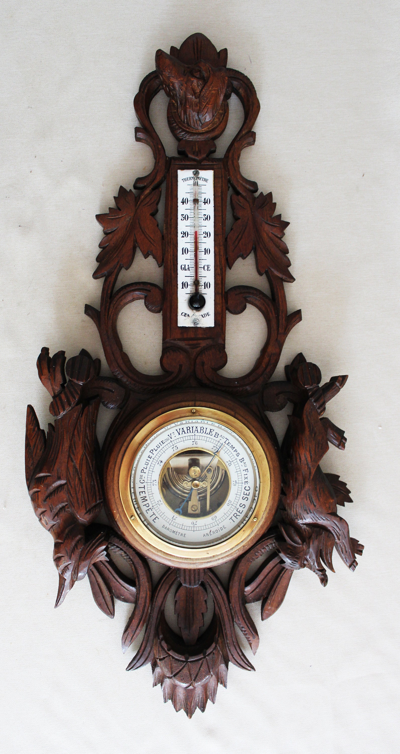 Antique Black Forest Wood Carved Wall Barometer & Thermometer Working ...